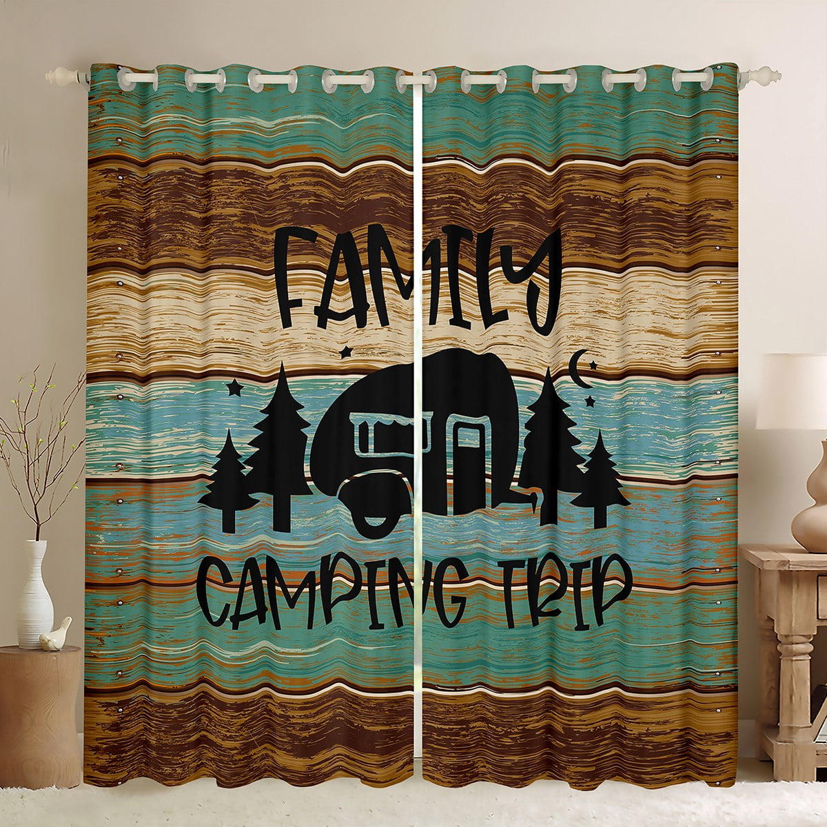 Family Happy Camping Curtains & Drapes Rv Camper Decor Blackout ...
