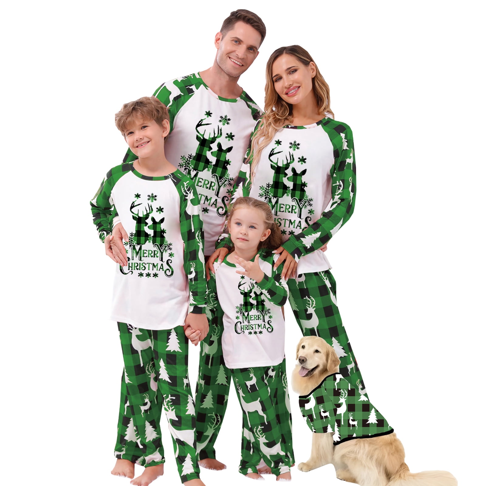 Family Matching Christmas Pajamas Green Deer Letter Snowflake Tops ...