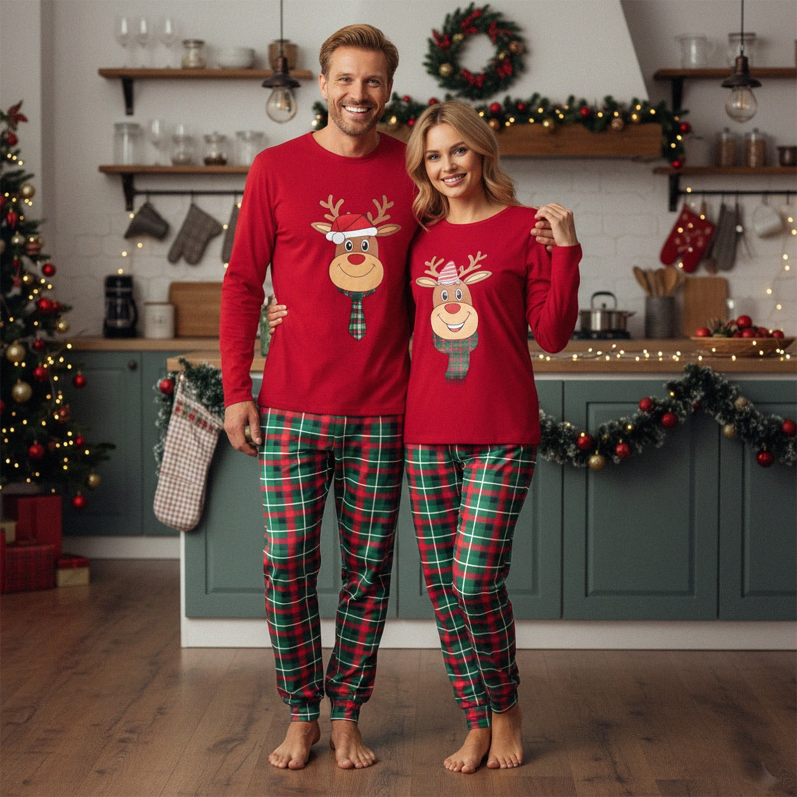 Family Matching Christmas Pajamas Set Deer Head Plaid Print Holiday ...