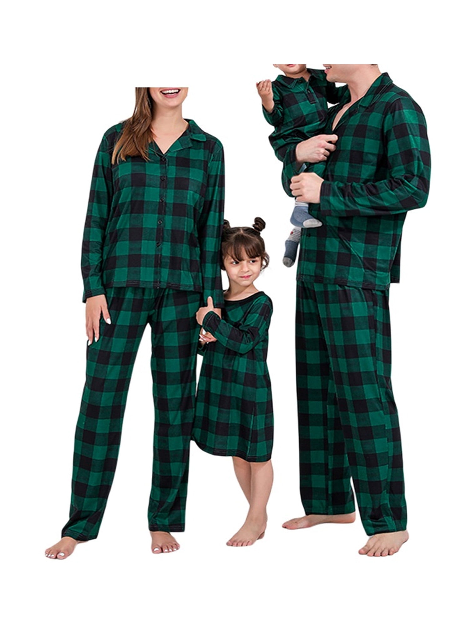 Family Matching Christmas Pajamas Set Green Plaid Long Sleeve Couple ...