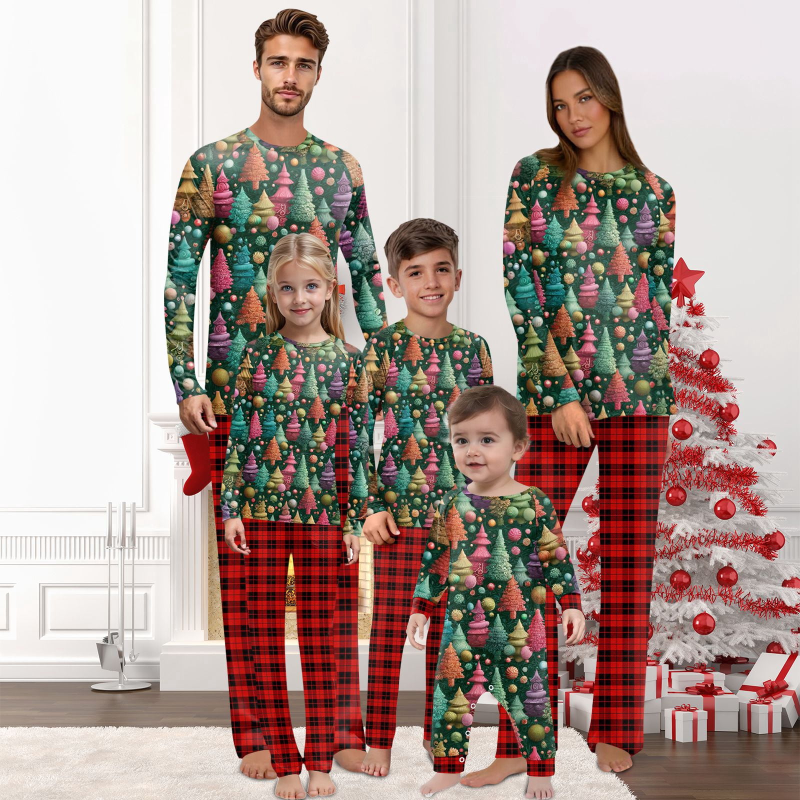Family Matching Christmas Pajamas Sets – Festive Green Background with ...