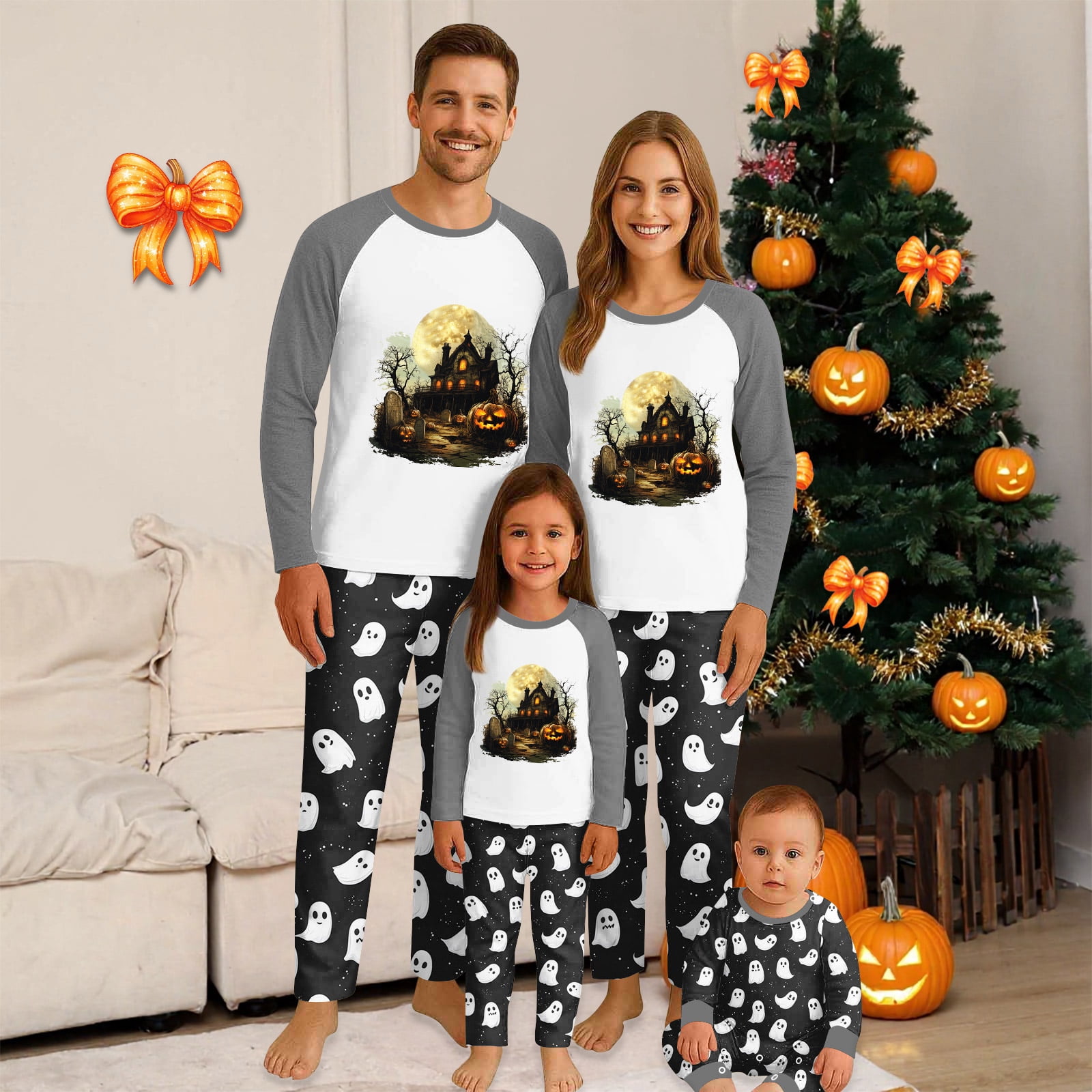 Family Matching Halloween Pajamas Sets - Pumpkins Bat Ghost Print ...