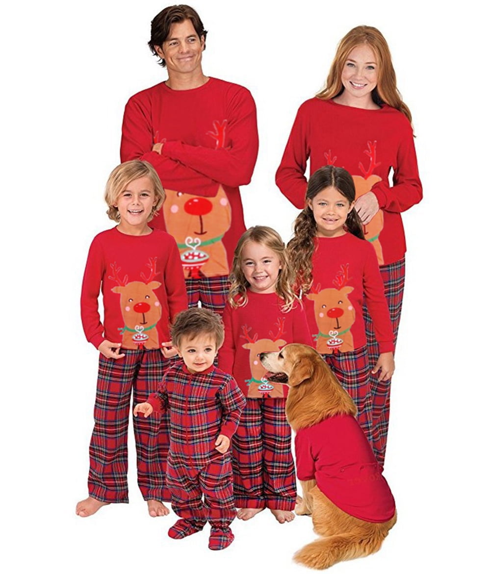Family Matching Pajam Set, Deer Print O Neck Long Sleeve Blouse+ Plaid ...