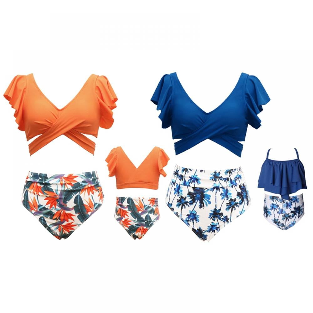 Family Matching Two Pieces Bikini Set Flower Printed Ruffles Swimsuit ...