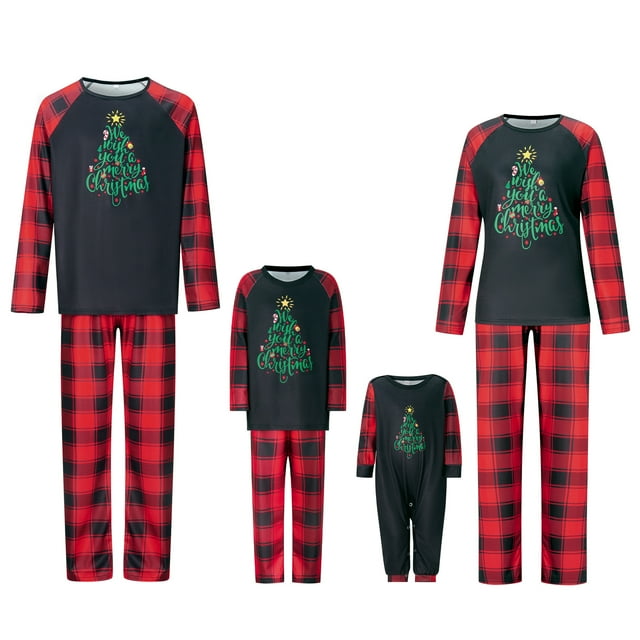 Christmas Family Pajamas Set: Adults' PJ, Top with Tree Print & Plaid ...