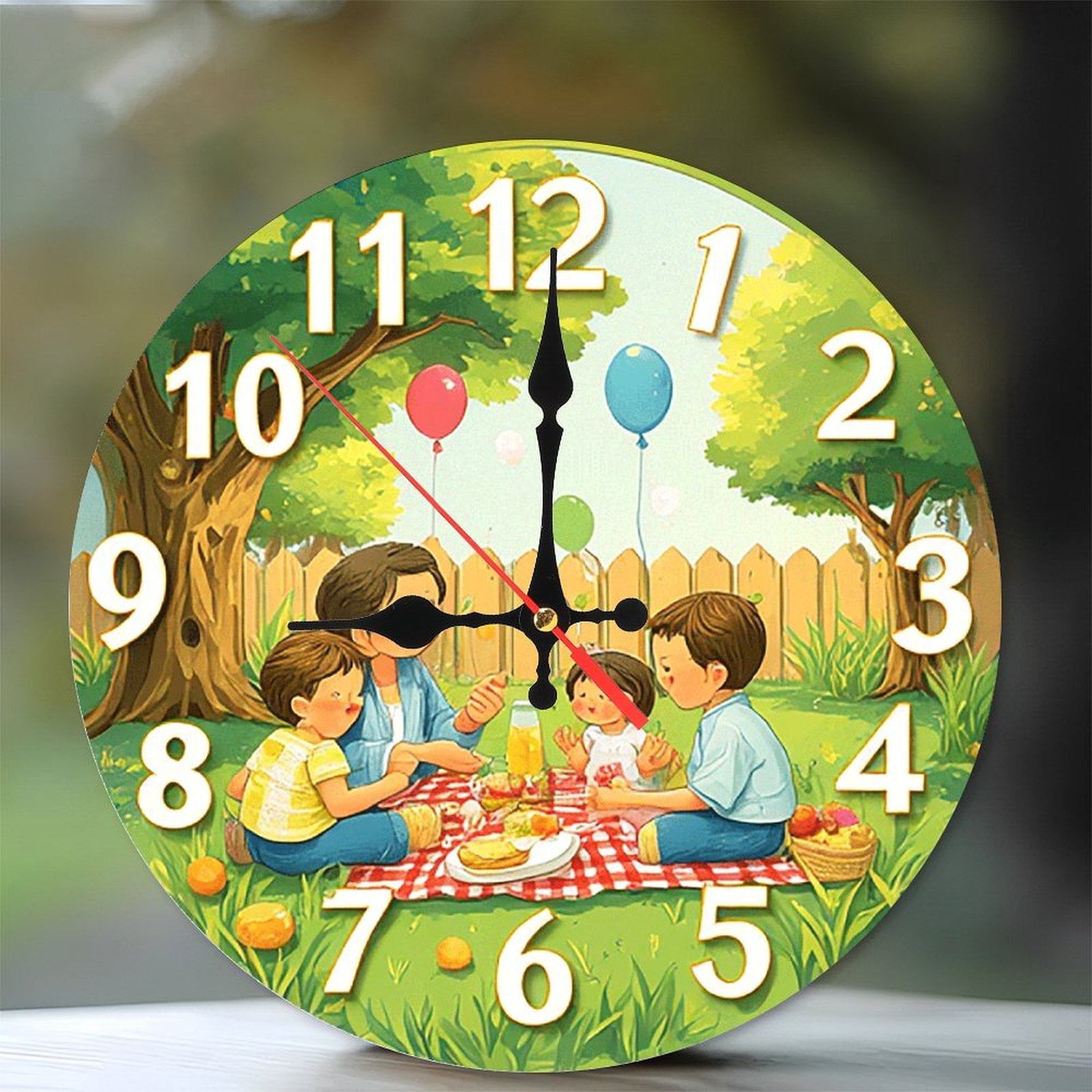 Family Picnic Wall Clock Cartoon Home Decor 10-Inch Silent Wooden Wall ...