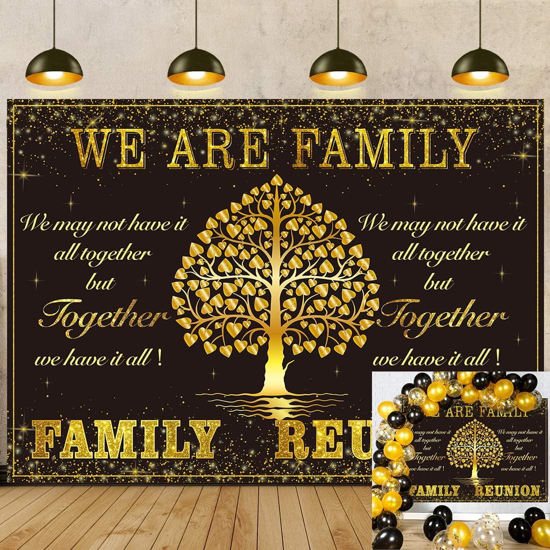 Family Reunion Backdrop Black Gold Glitter Family Tree We are Family ...