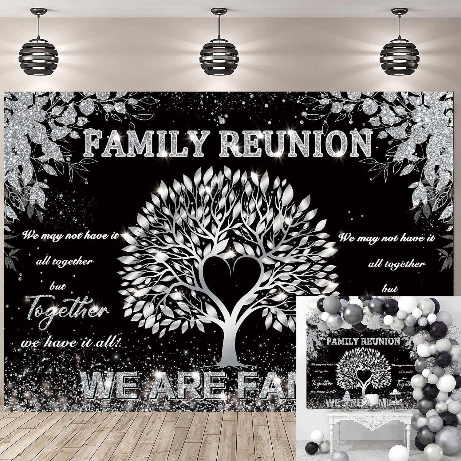 Family Reunion Backdrop Black and Silver Tree Leaves We are Family ...