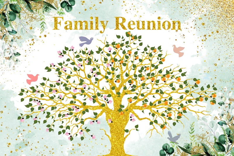 Family Reunion Backdrop Pink Floral Green Eucalyptus Leaves Birds ...