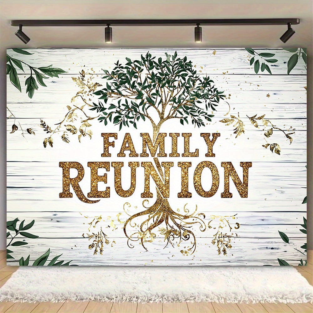 Family Reunion Backdrop Rustic Golden Family Tree Green Leaves Floral ...