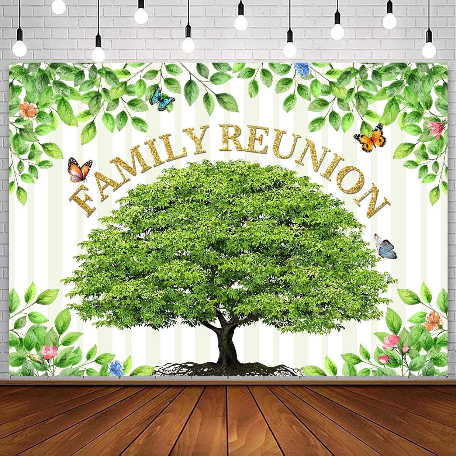 Family Reunion Backdrop Stripe Green Family Tree Leaves Members Floral ...