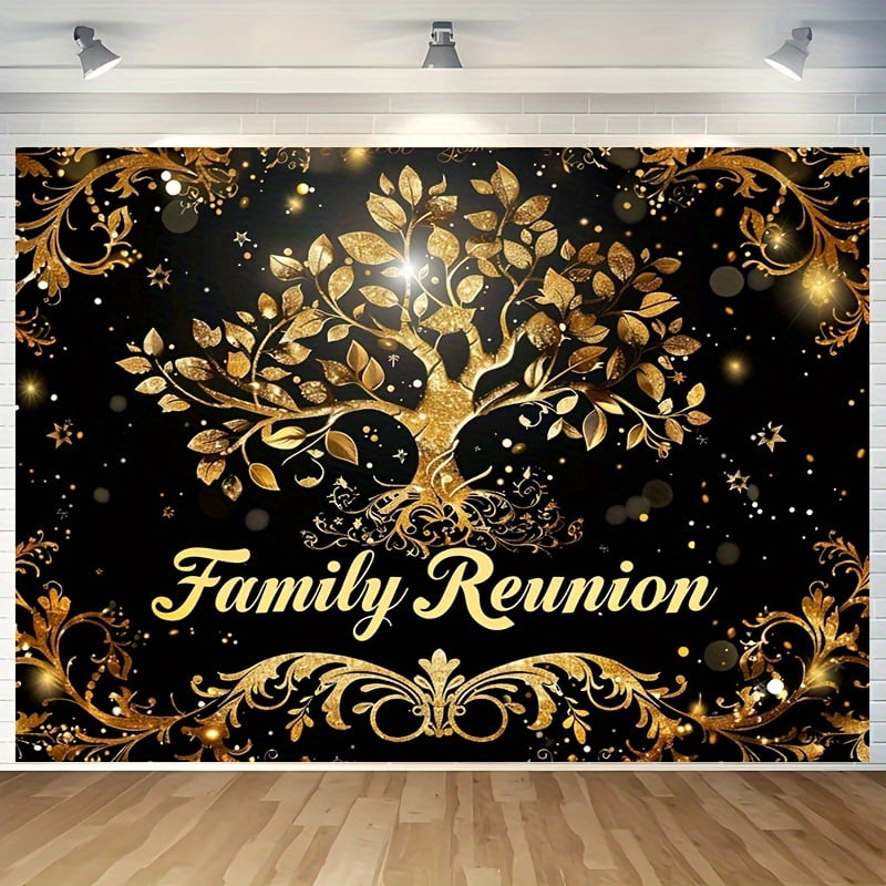 Family Reunion Banner - Elegant Golden Tree Design Polyester Backdrop ...