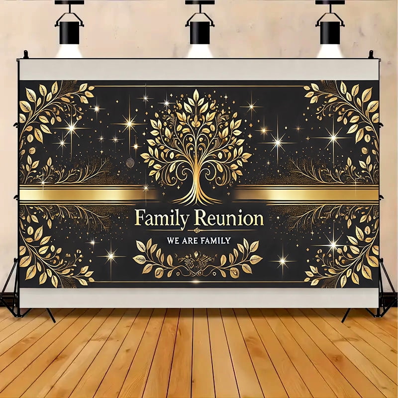 Family Reunion Celebration Backdrop Glitter Golden Family Tree Leaves ...