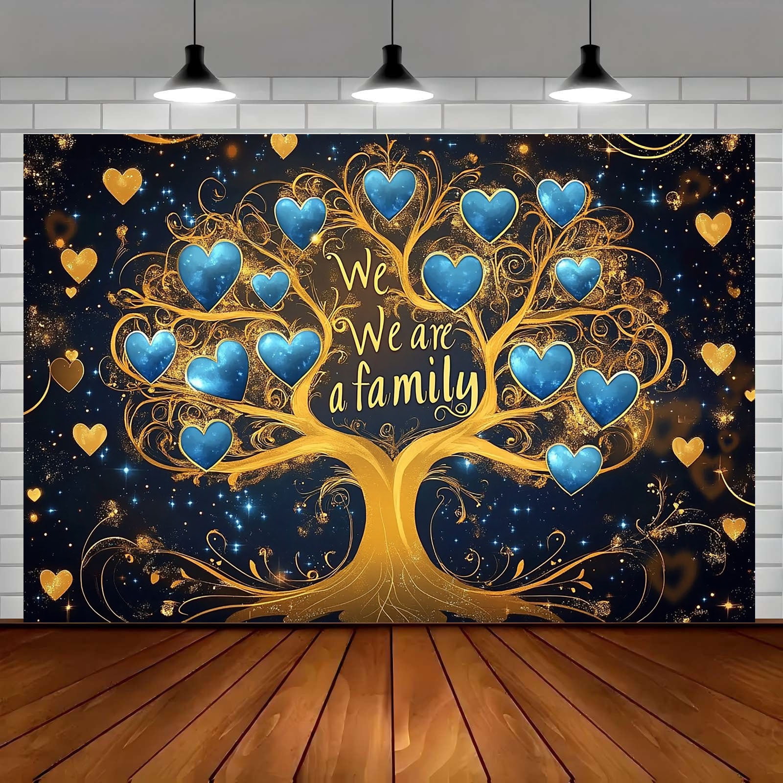 Family Reunion Party Backdrop Golden Hearts Stars Family Tree ...