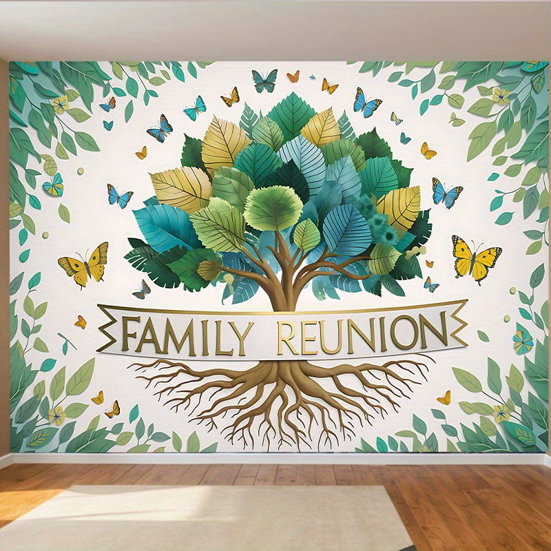 Family Reunion Party Backdrop Green Family Tree Leaves Members Floral ...