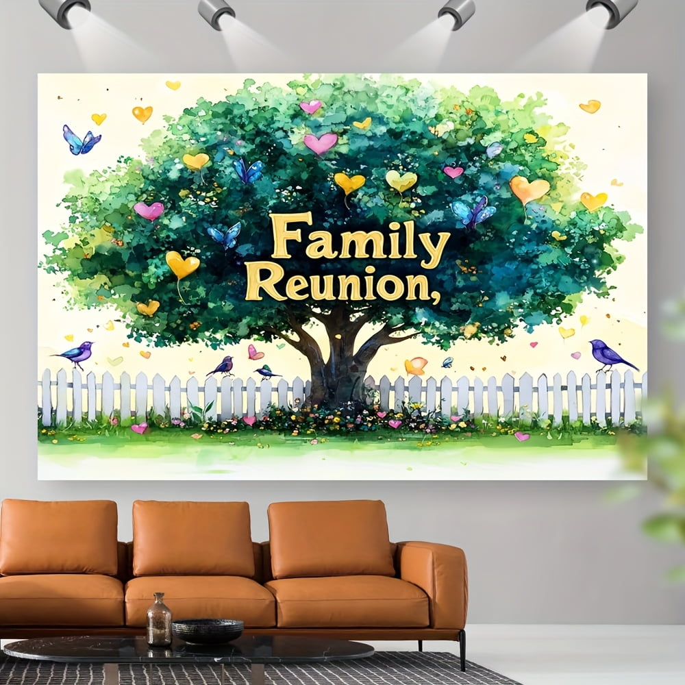 Family Reunion Tree Backdrop Colorful Hearts Butterflies Bird Family ...