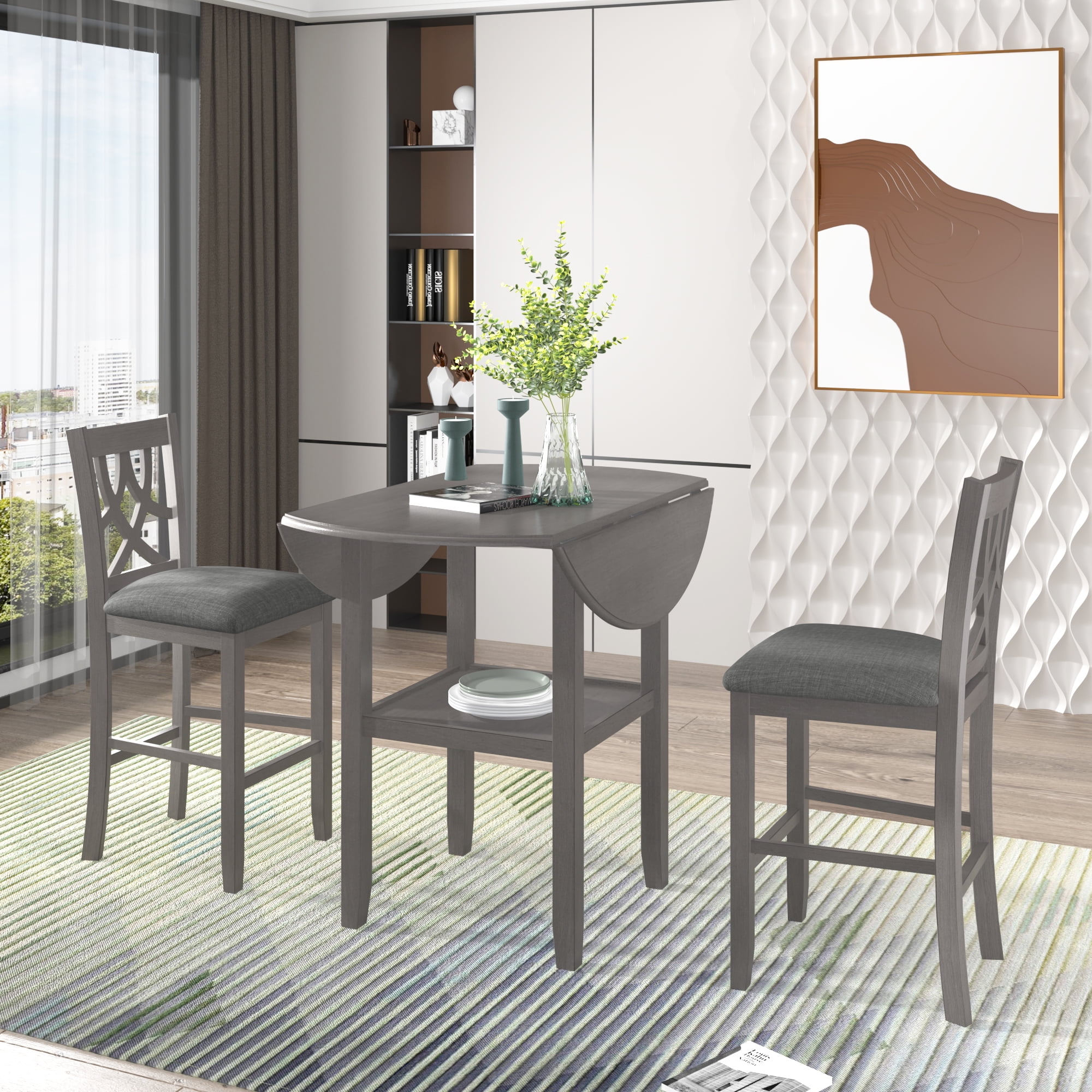 Family Set Farmhouse 3 Piece Round Counter Height Kitchen Dining Table ...