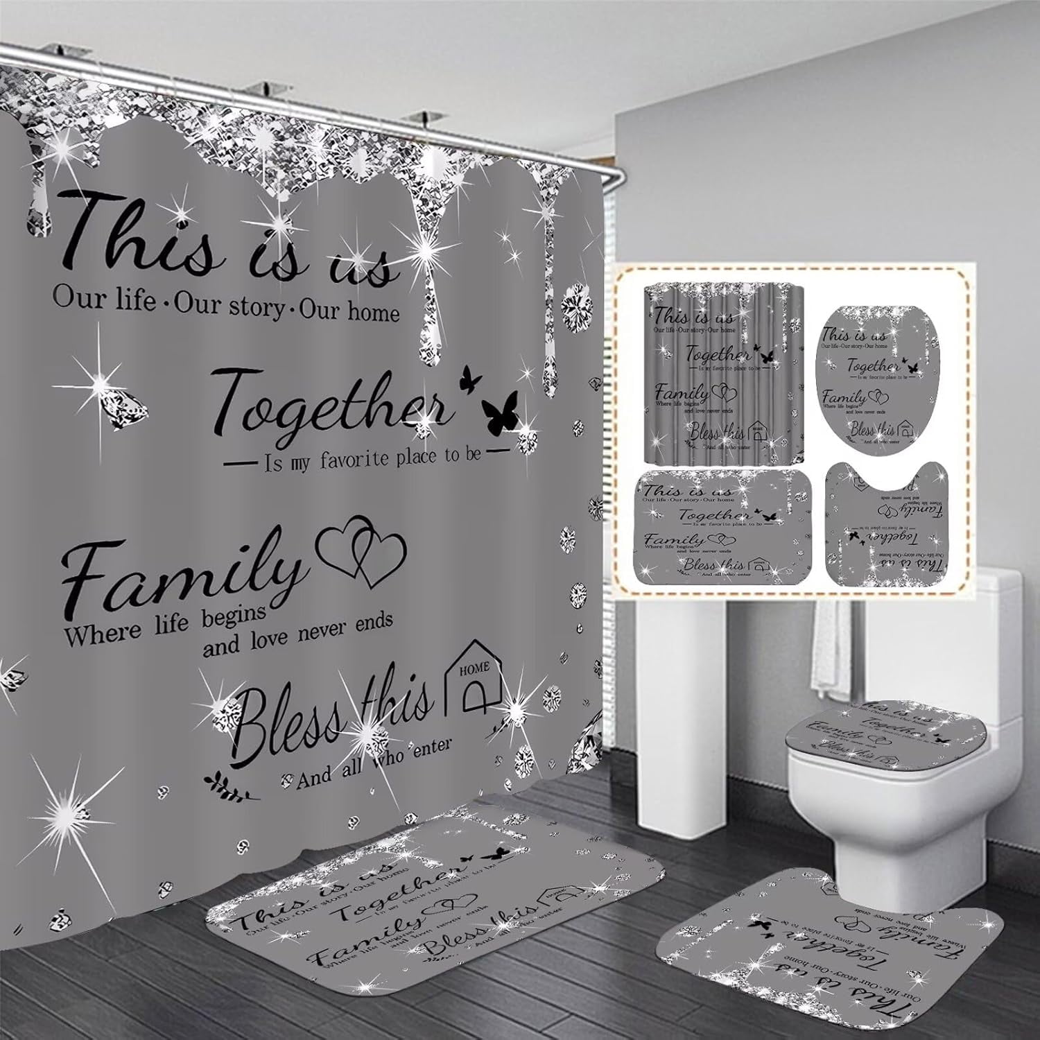 Family Shower Curtain Set Black Home Bathroom Set with Shower Curtain ...
