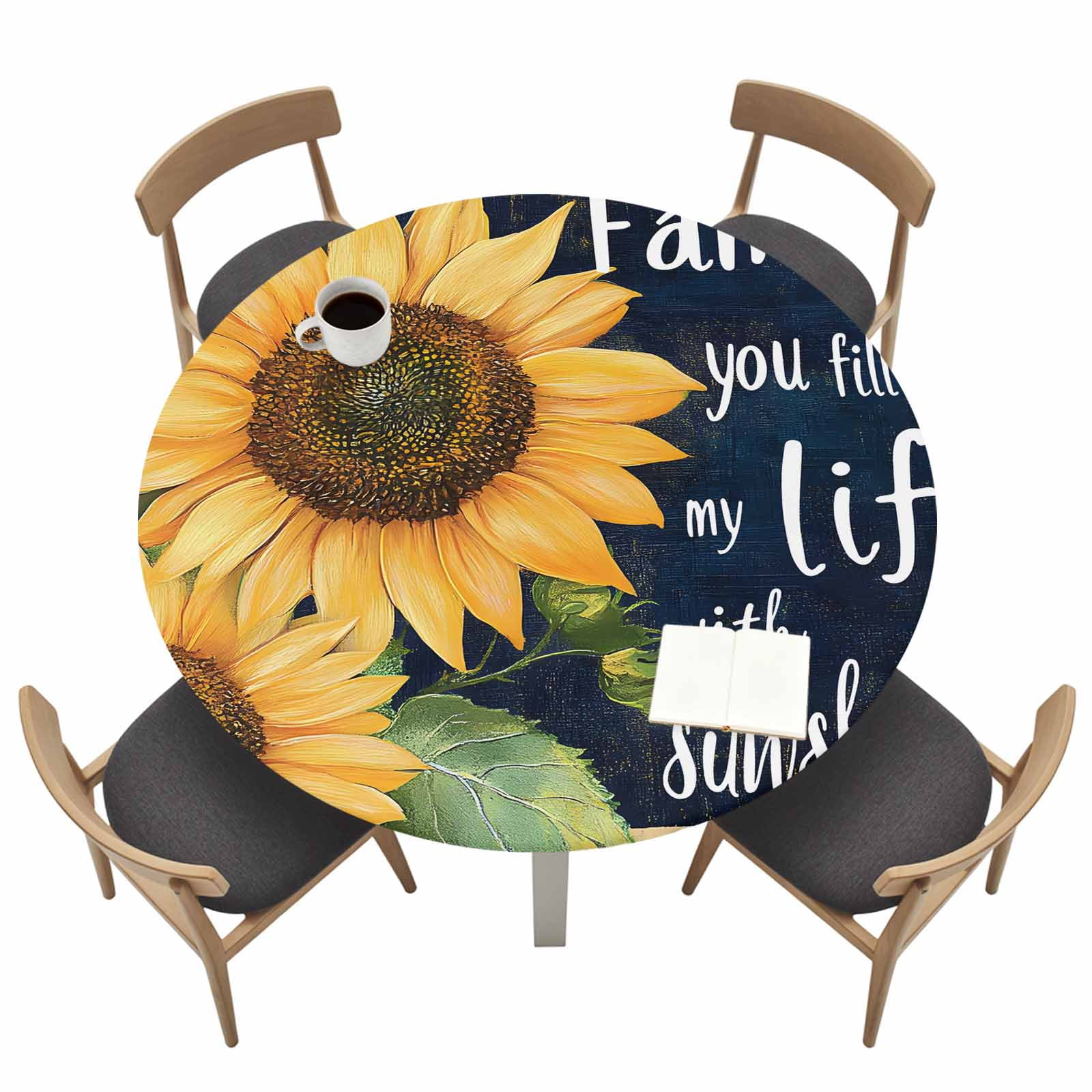 Family Sunshine Round Fitted Tablecloth with Elastic Edge Sunflower ...