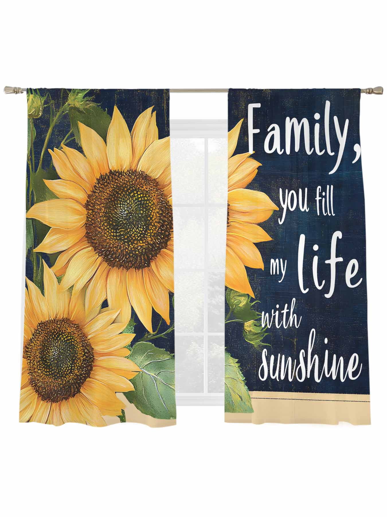 Family Sunshine Sheer Curtains 2 Panels Set Sunflower Navy Blue Sheer ...