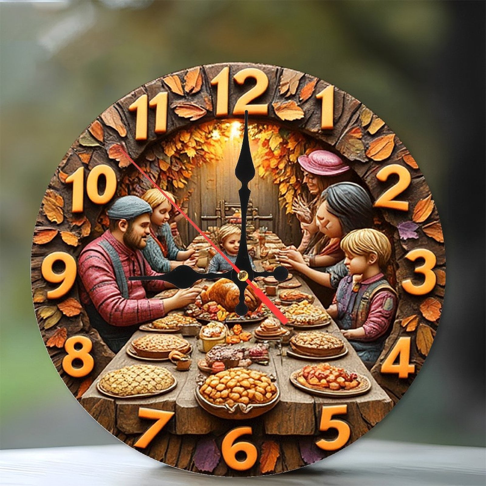 Family Thanksgiving Gathering Resin Clock 10-Inch Silent Wooden Wall ...