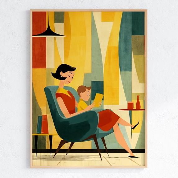 Family Time Art Print Mother And Child Reading Together In Mid Century ...