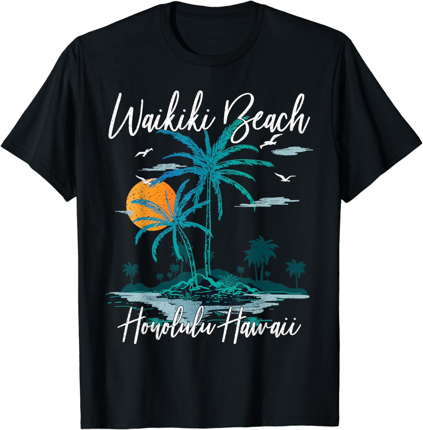 Family Vacation Retro Sunset Honolulu Hawaii Waikiki Beach T-Shirt ...