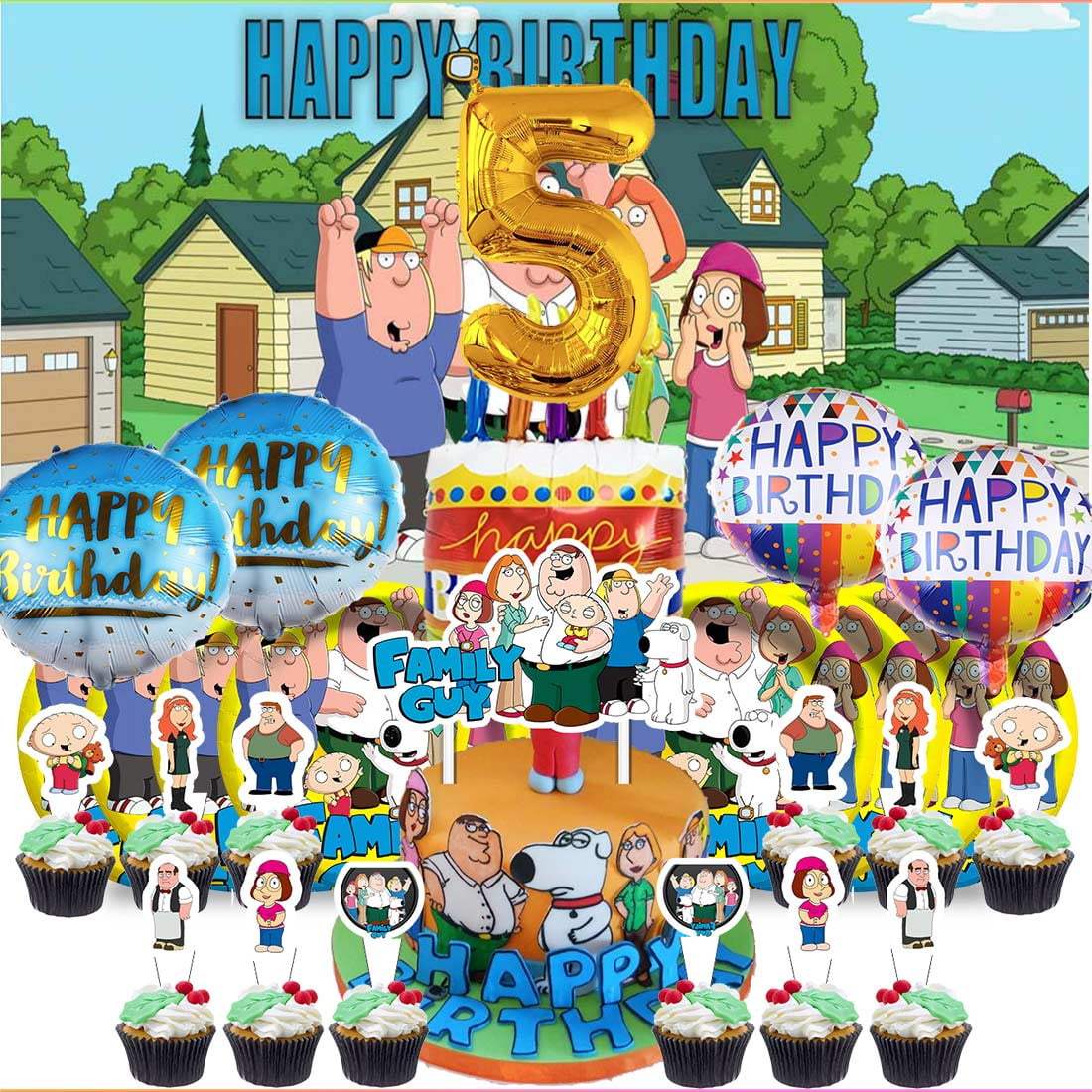 Family guy 5th Tableware Balloons Cake Toppers Backdrop Banner Supplies ...