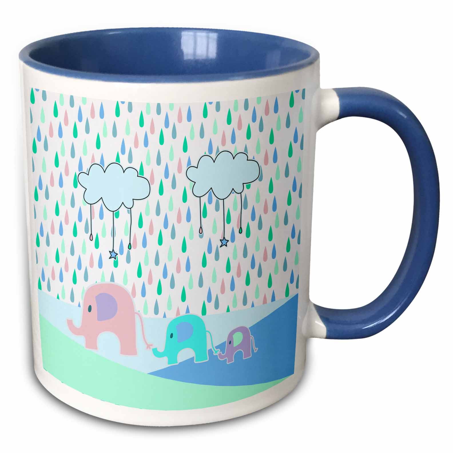 Family of Three Elephants in the Rain with Clouds, Aqua, Green, Blue ...