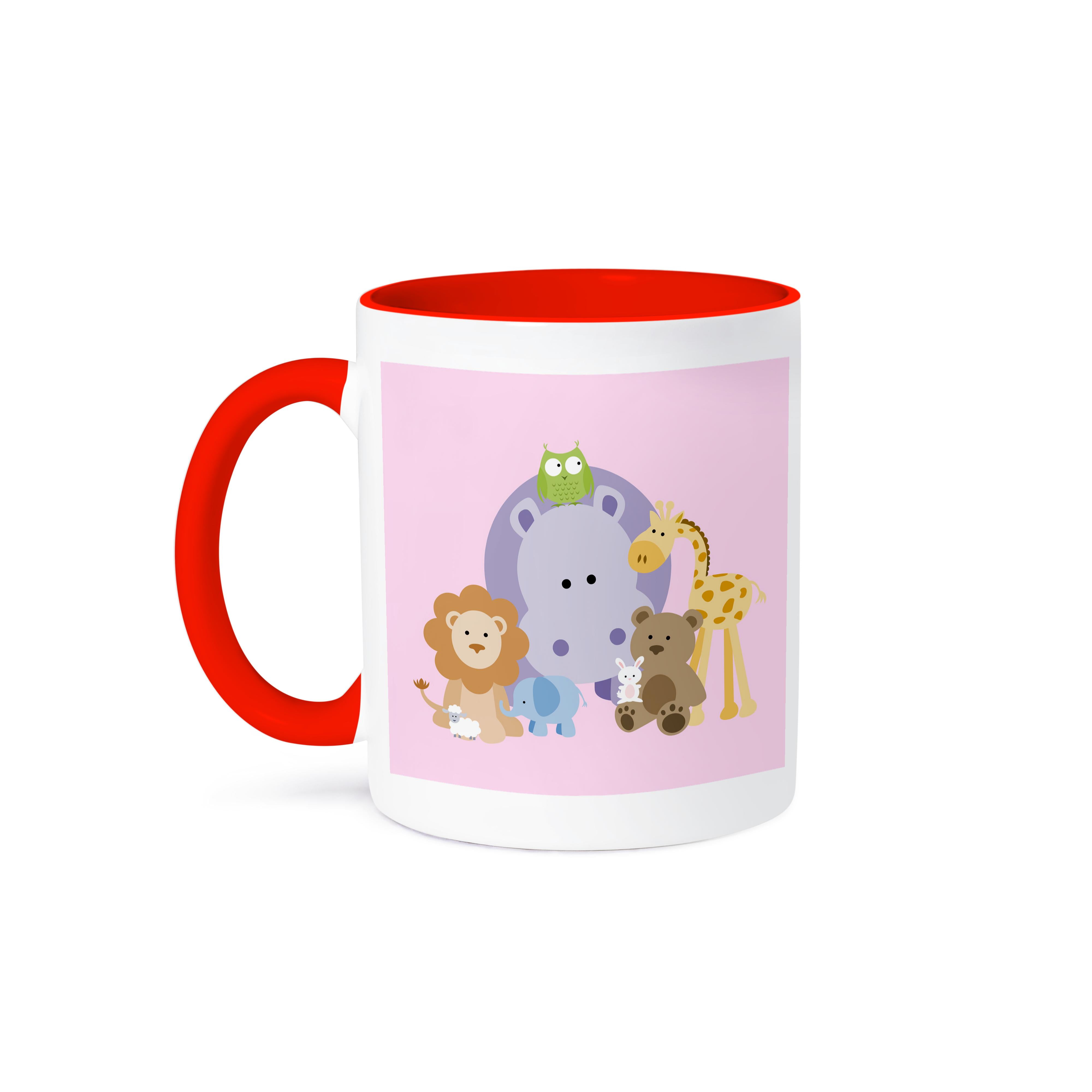 3dRose, Family of cute zoo animals on a pink background, 15oz Two-Tone ...