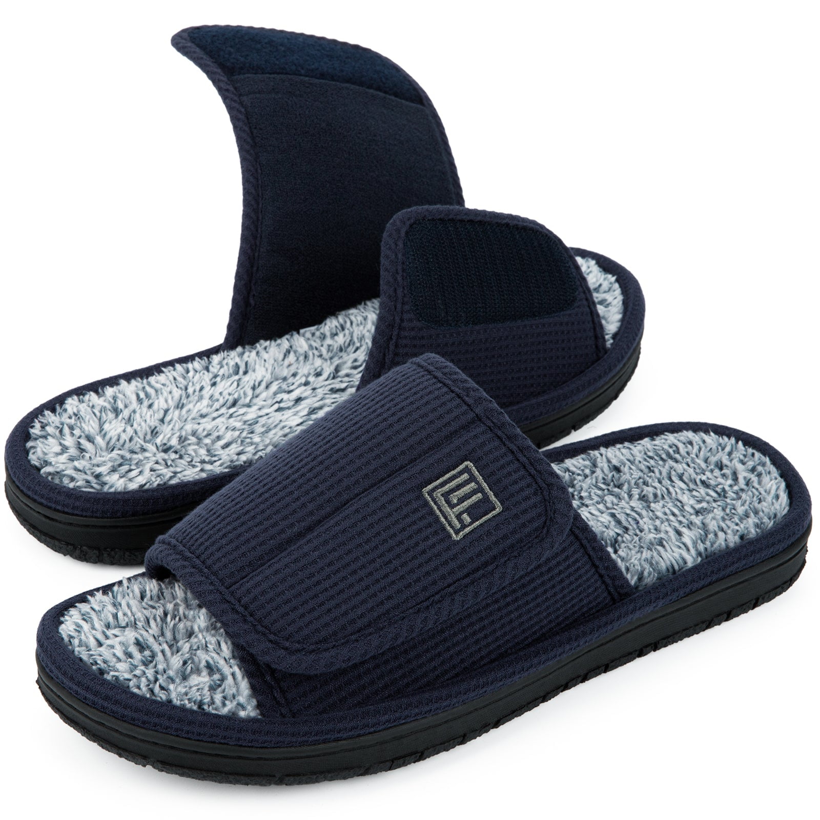 LB LongBay Men's Adjustable Open Toe Slippers, Waffle Knit, Memory Foam ...