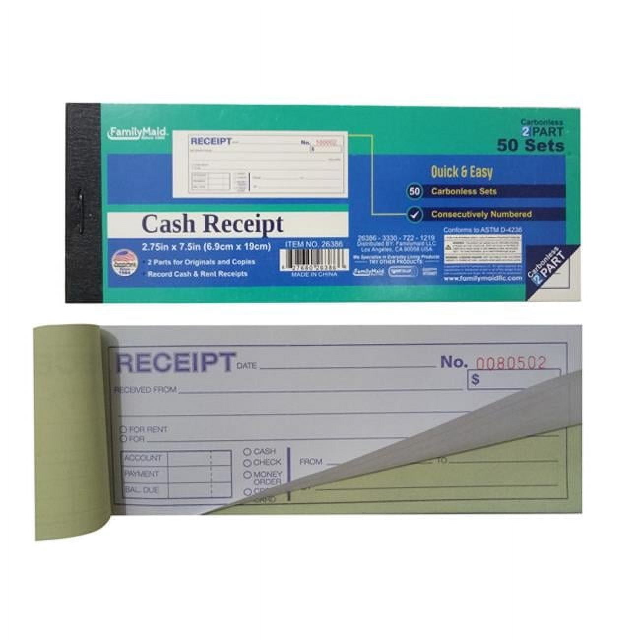FamilyMaid 26386 2.76 x 7.6 in. 2-Part Cash Receipt Book, 50 per Set ...
