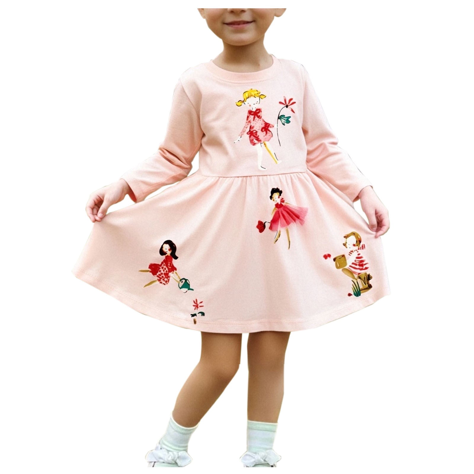 FamilyThread Girls Dress Casual Cute Print Peter Pan Collar Long Sleeve ...