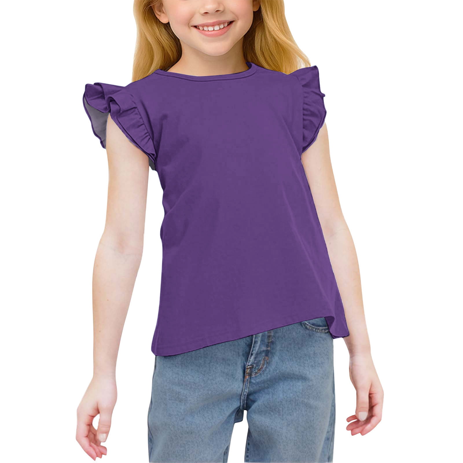 FamilyThread Girls Ruffle Sleeve Shirts Summer Solid Color Short Sleeve ...