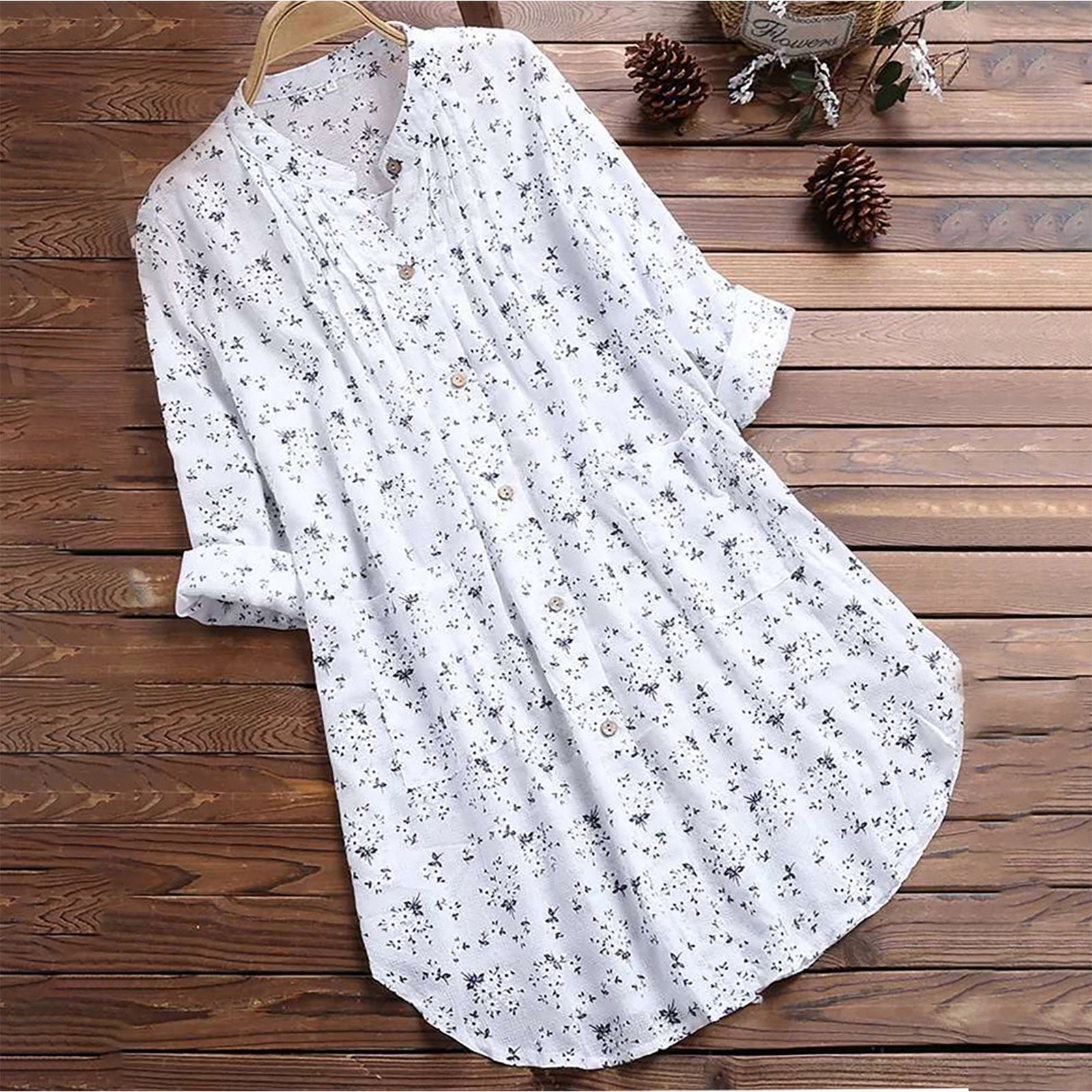 FamilyThread Women Linen Vintage Boho Tops Floral Print Shirt Casual ...