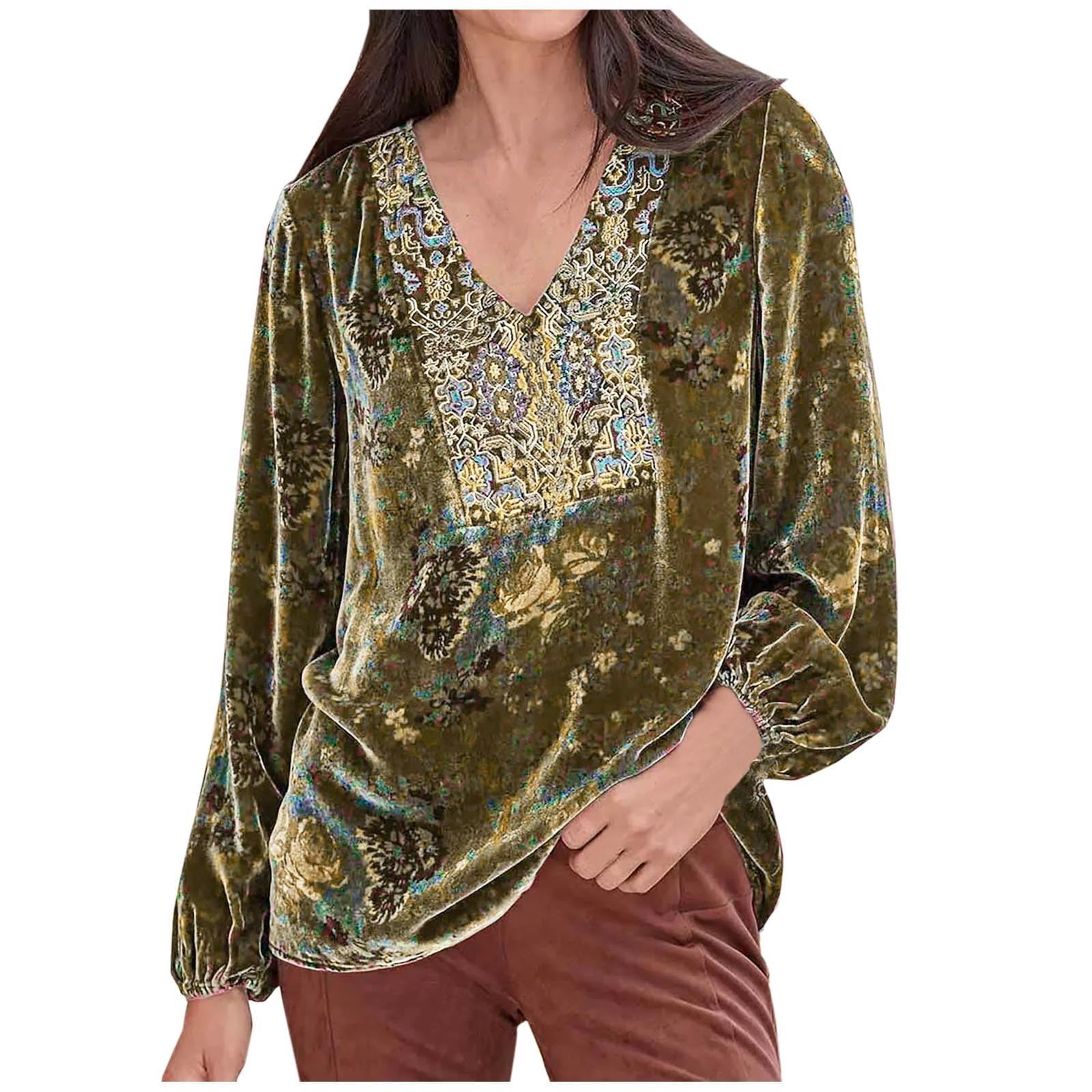 FamilyThread Women's Fall Velvet Tops Casual Long Sleeve Vintage Print ...