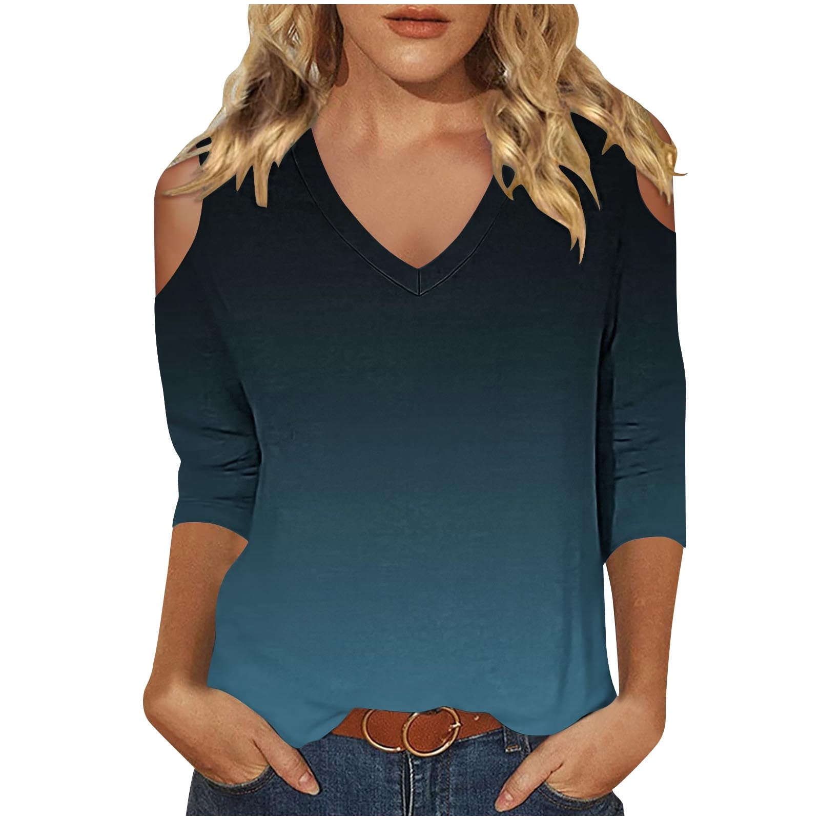 FamilyThread Women's Long Sleeve Shirts Cold Shoulder Tops V Neck ...
