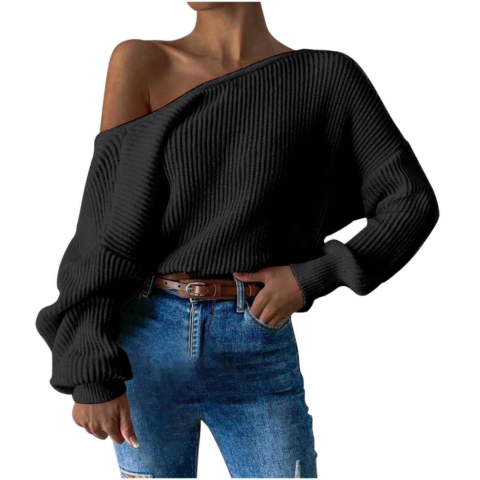 FamilyThread Women's Off Shoulder Sweater Long Sleeve Loose Pullover ...