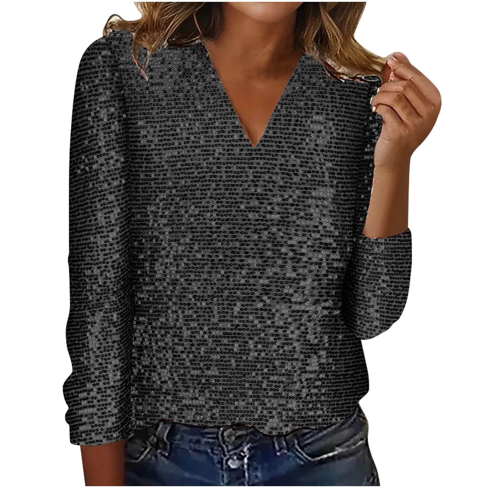 FamilyThread Womens Sequin Tops V Neck Sparkly Glitter Blouses Trendy ...