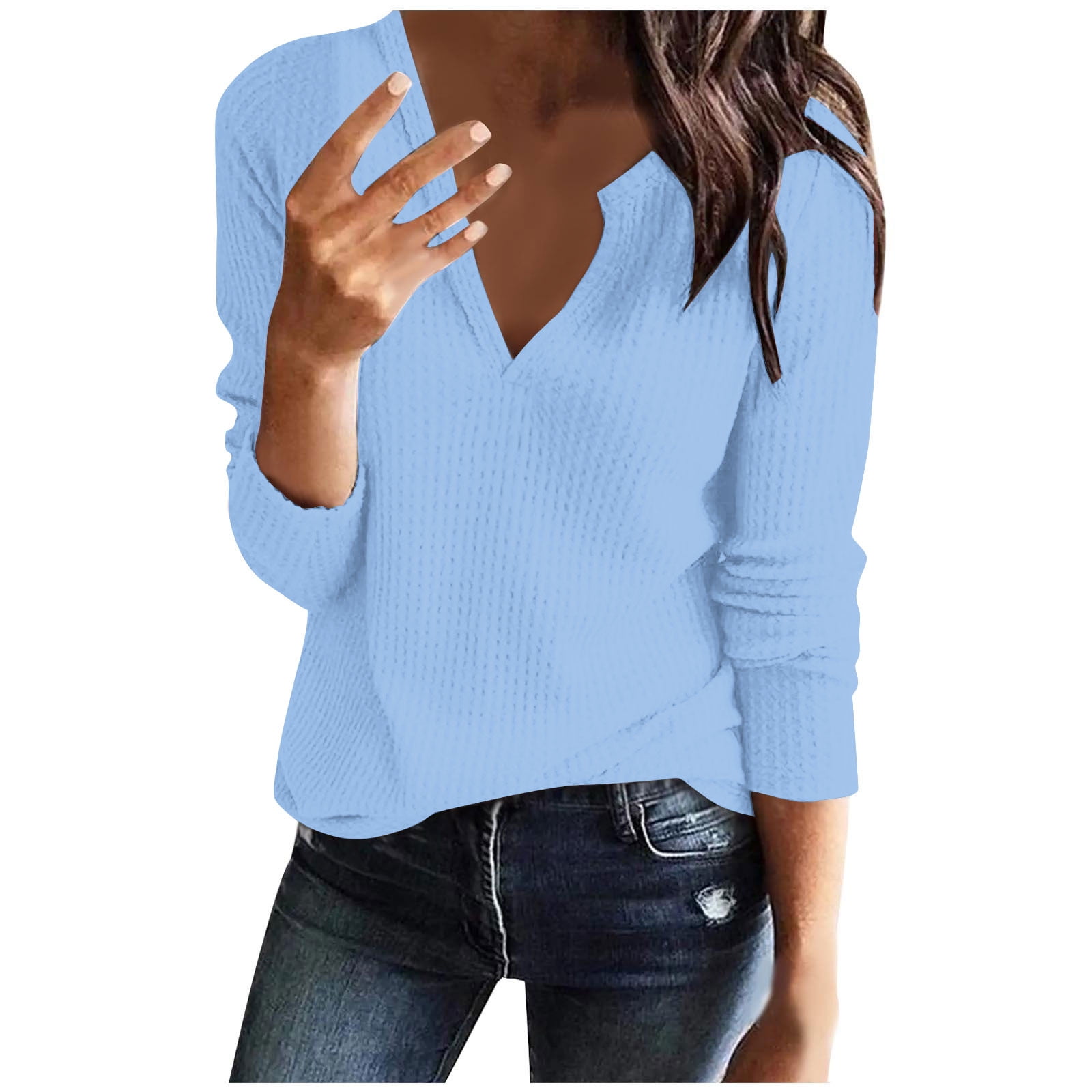 FamilyThread Womens V Neck Waffle Knit Shirts Long Sleeve Loose Warm Soft Solid Basic Tee Tops ...