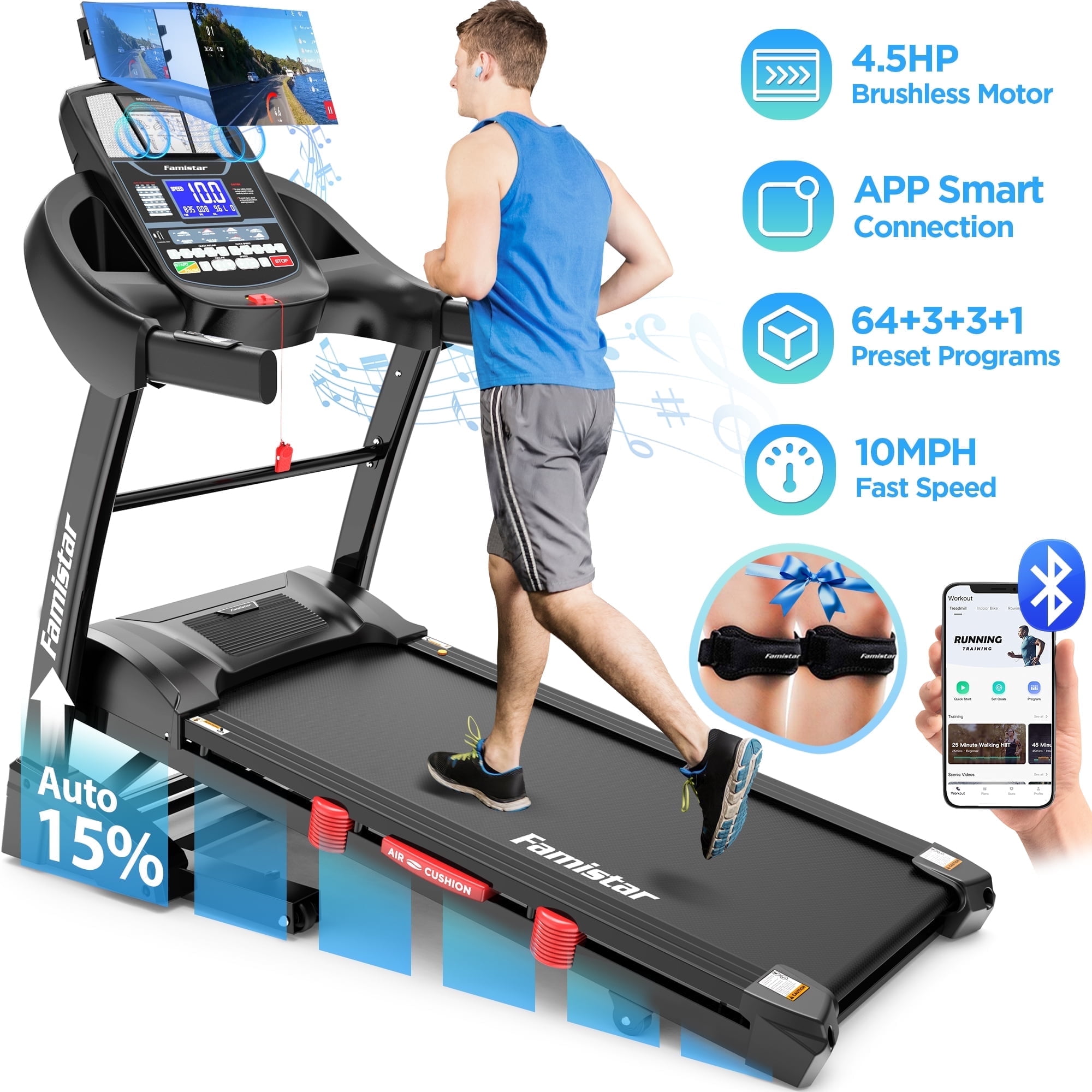 Famistar 4.5HP Treadmill, APP Control, 300 LB, 15% Incline, Bluetooth ...