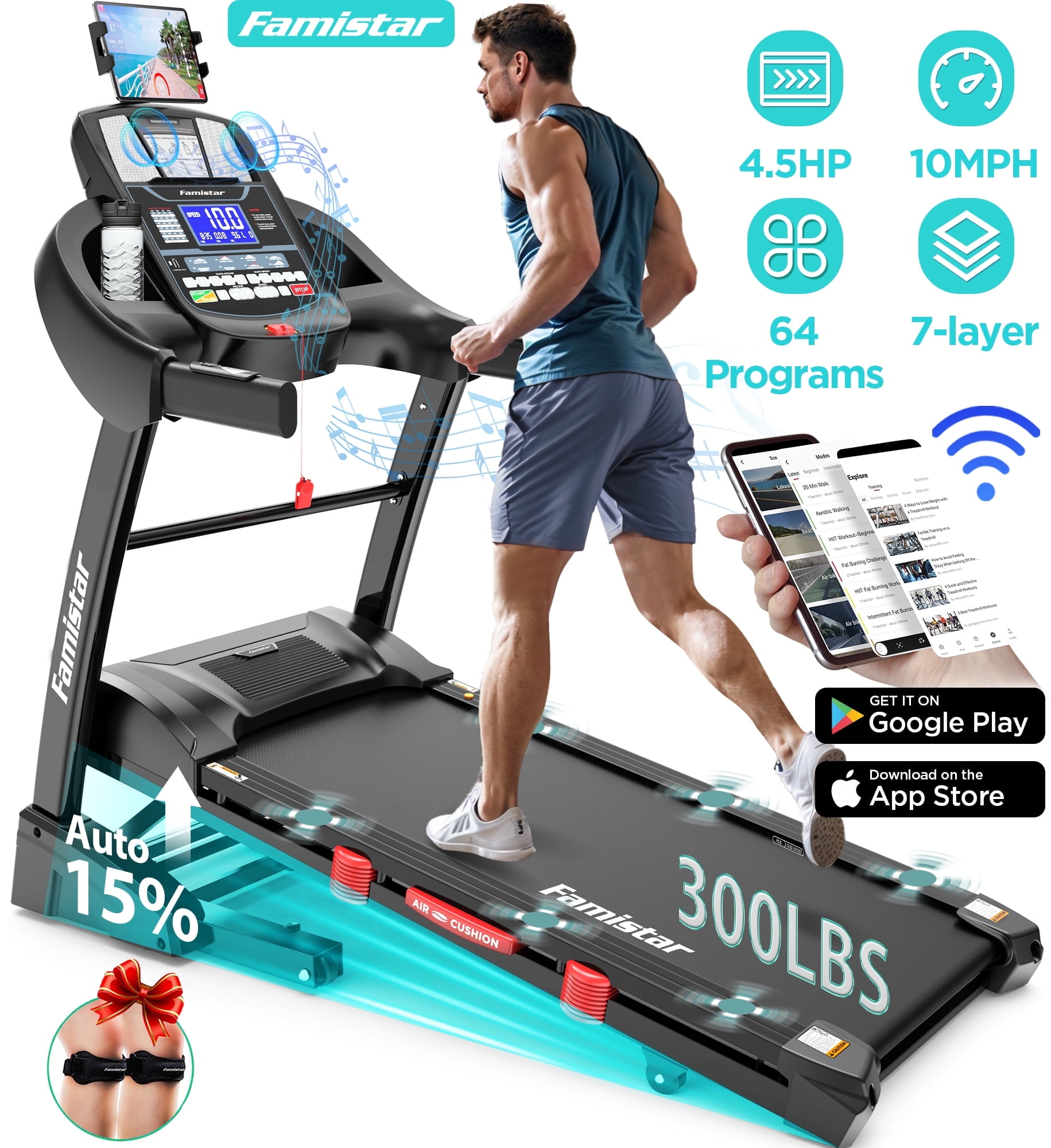 Famistar 4.5HP Folding Treadmill for Home with 15% Auto Incline 300 LBS ...