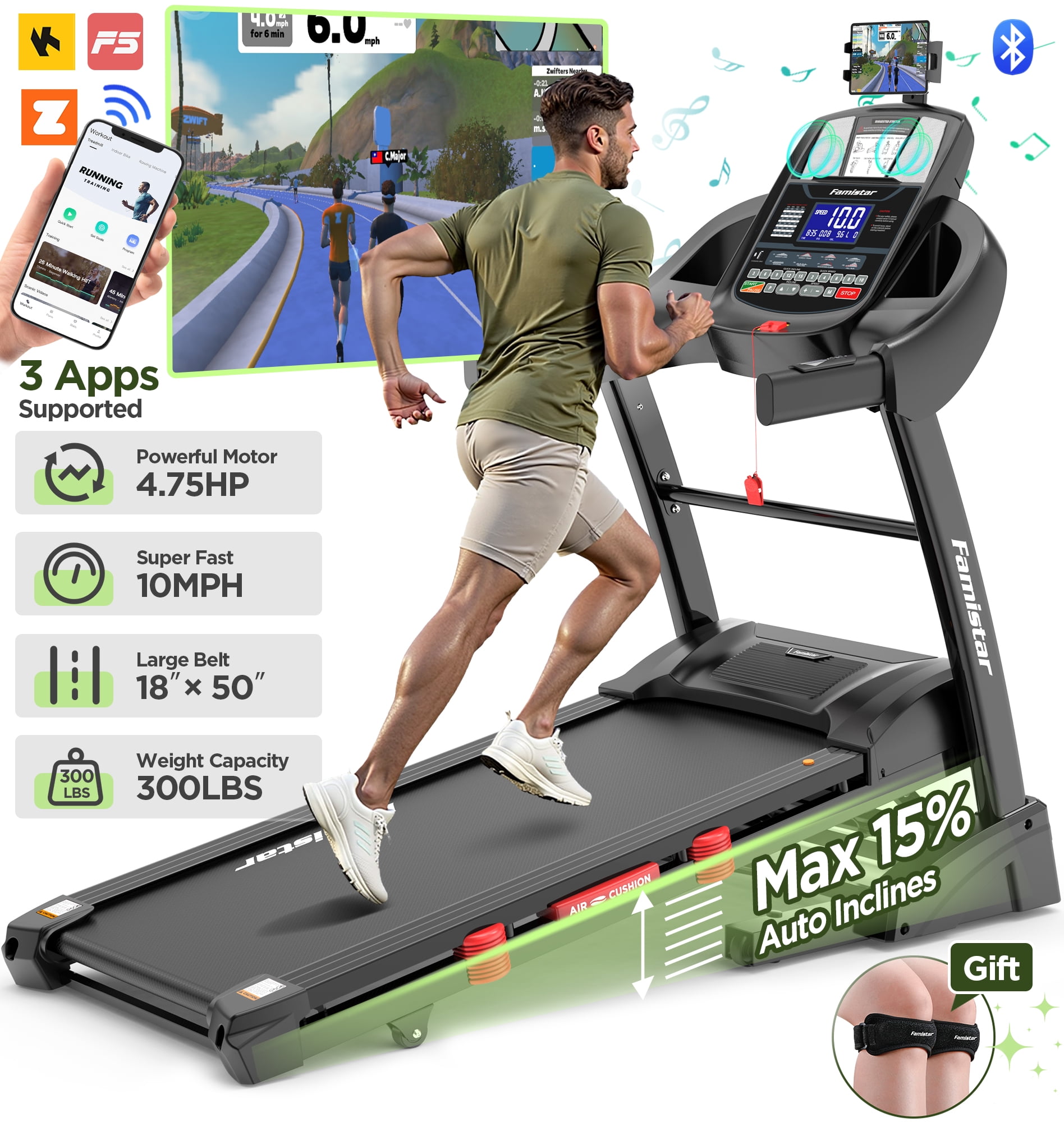 Famistar 4.75HP Treadmill 300LB Capacity, 15% Auto Incline Treadmill ...