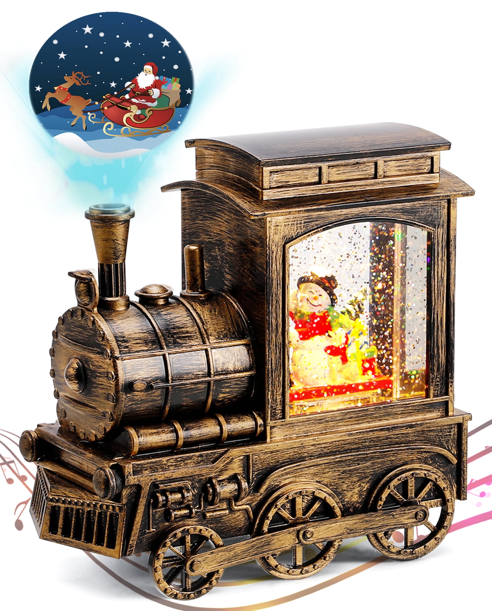 Famistar Xmas Snow Globe Lantern- Santa Sleigh Train, Water Swirl ...