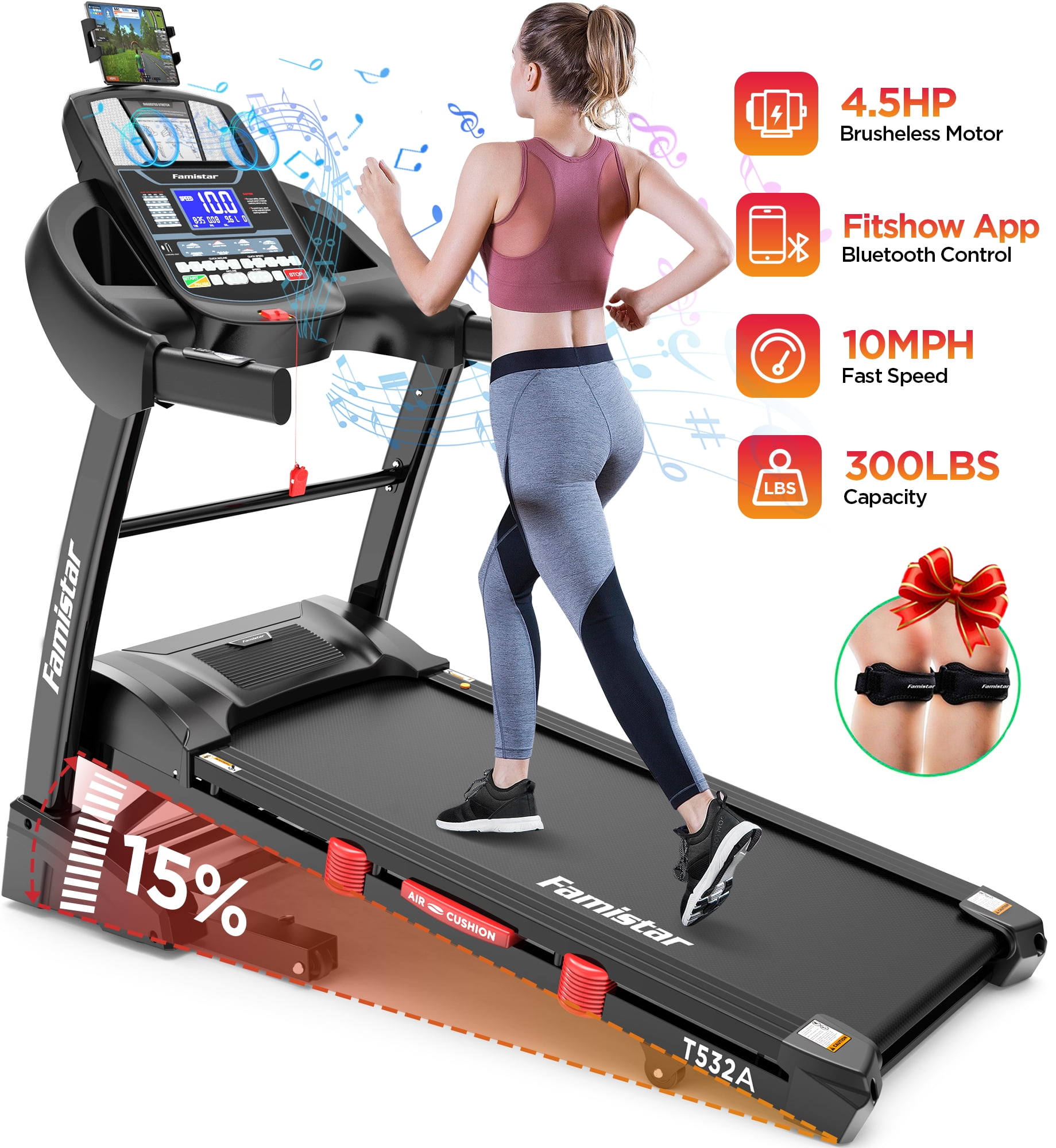 Famistar Foldable Incline Treadmill for Home, 300lbs Capacity Electric ...