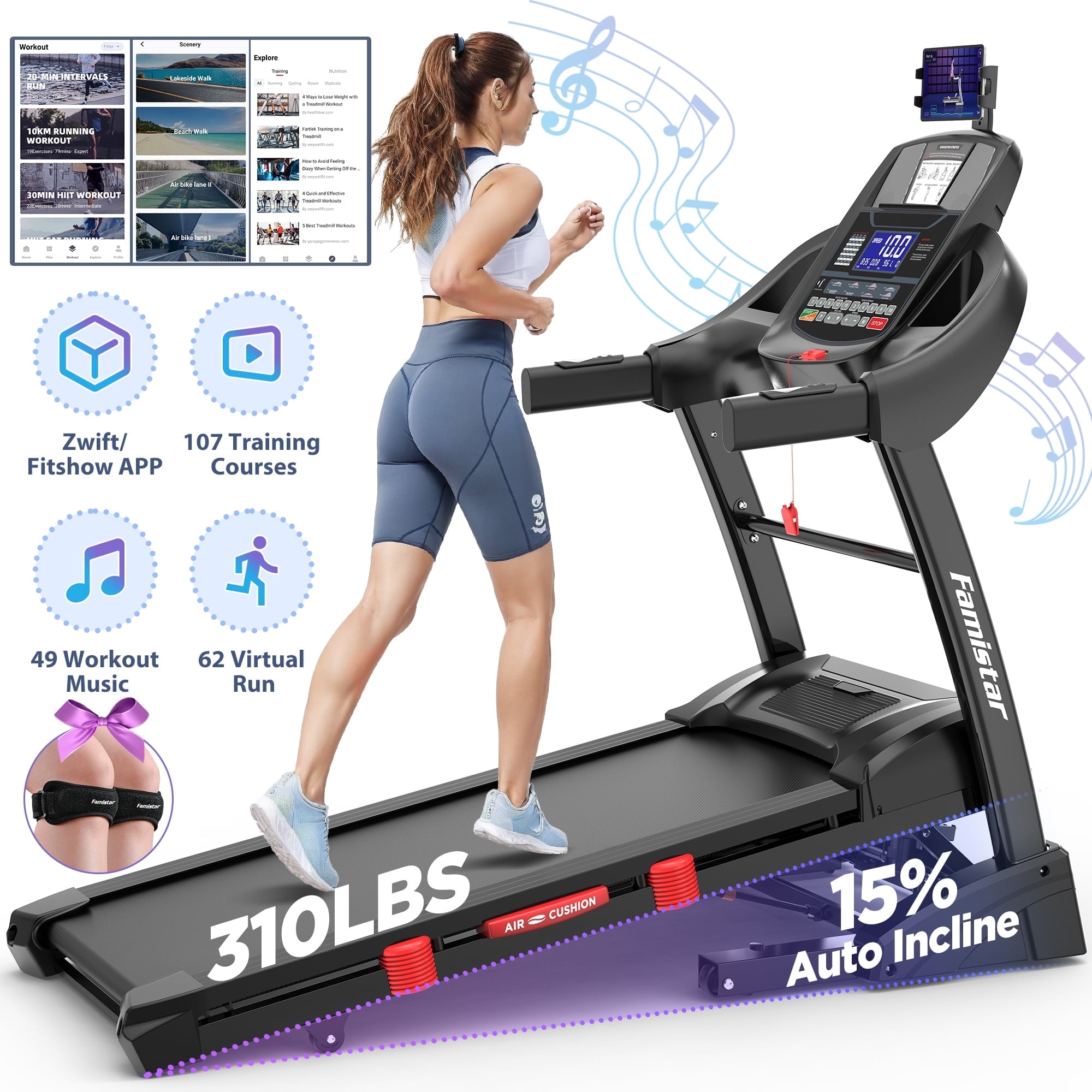 Famistar Foldable Treadmill w/ 15% Auto Incline, 5HP Portable Treadmill ...