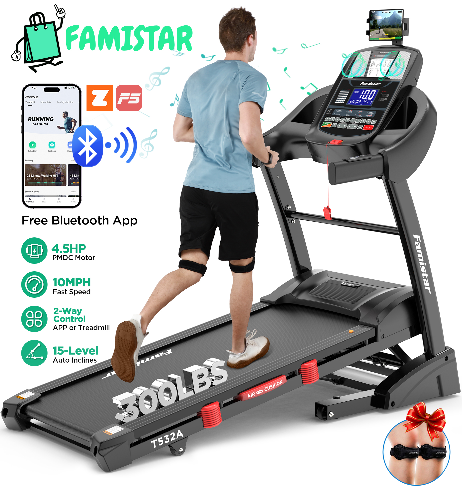 Famistar 4.5HP Folding Treadmill, Portable, APP Control, 15 Auto ...