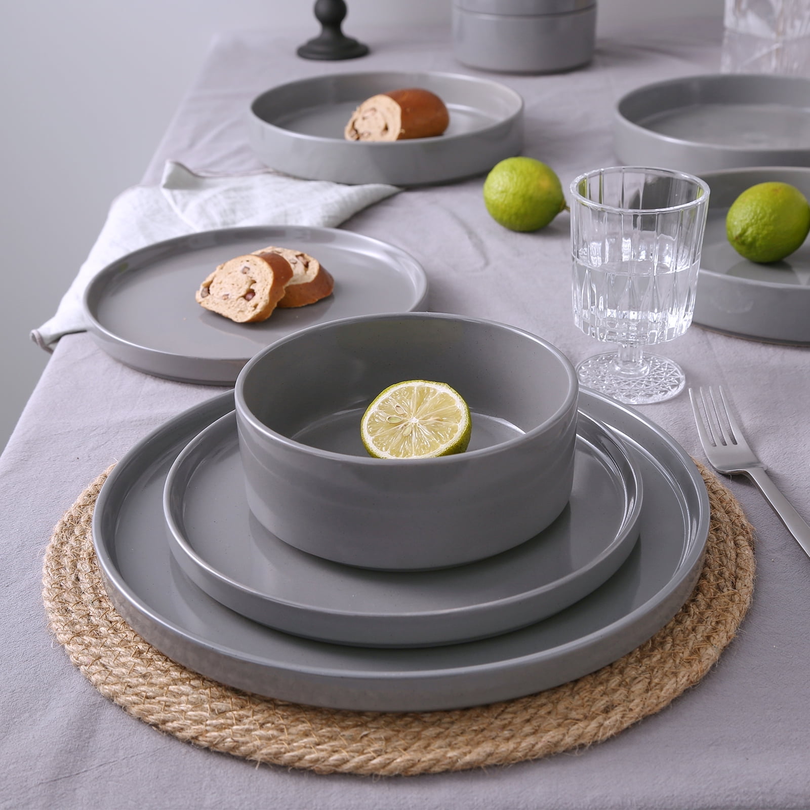 Famiware 12-Piece Dinnerware Dining Kitchen Ware Set, Dark Gray Plates ...