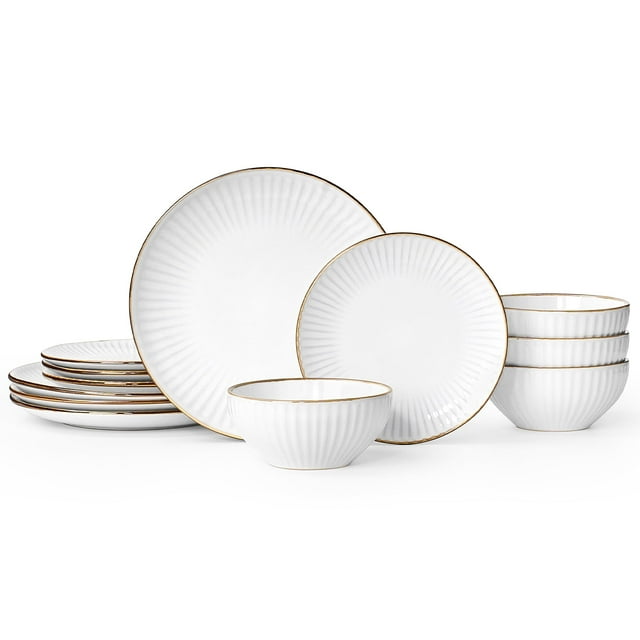 Famiware Eden Stoneware Dinnerware Sets, 12-Piece Dish Set, White ...