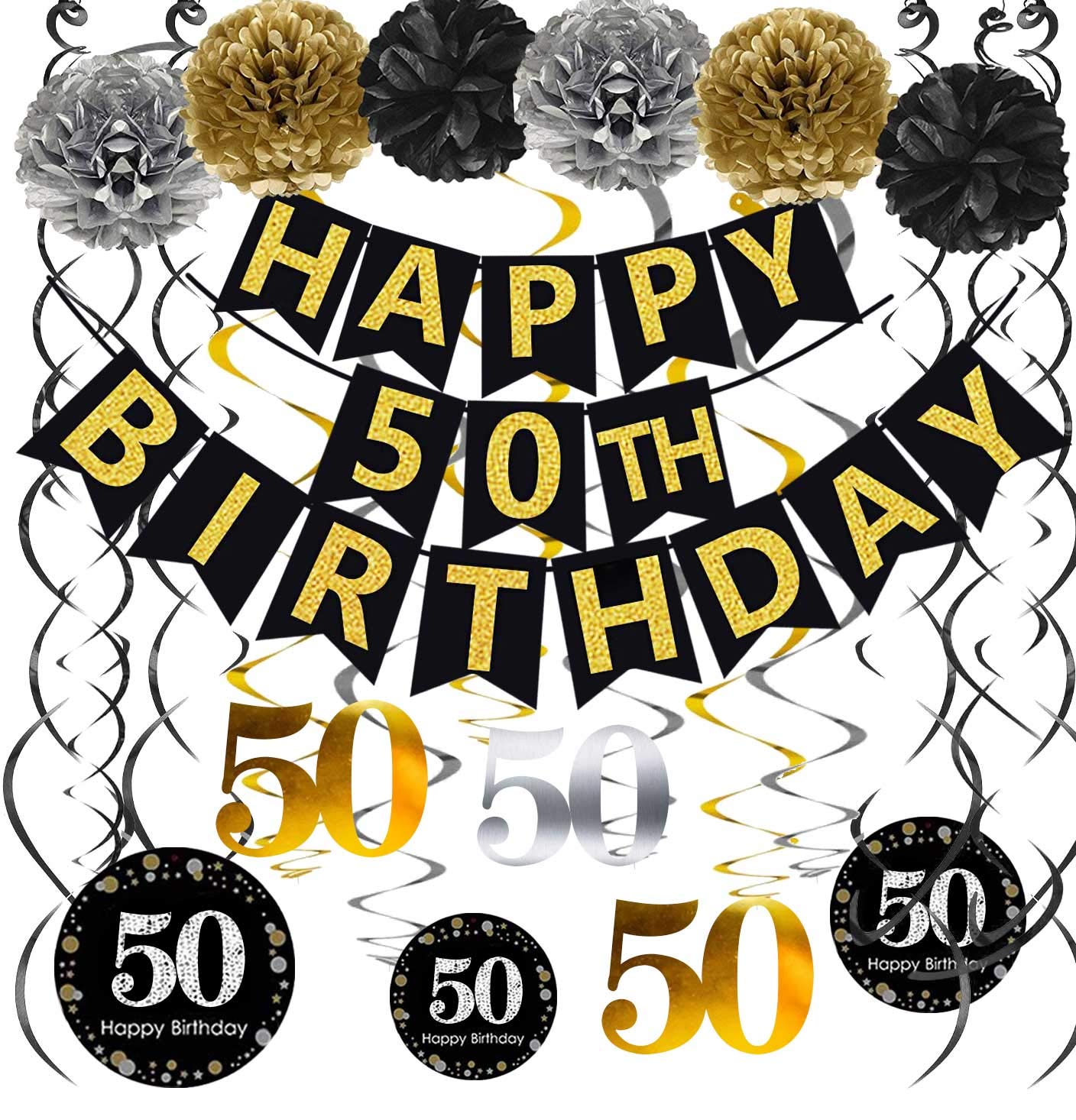 Famoby Black & Gold Glittery Happy 50th Birthday Banner,Poms,Sparkling ...
